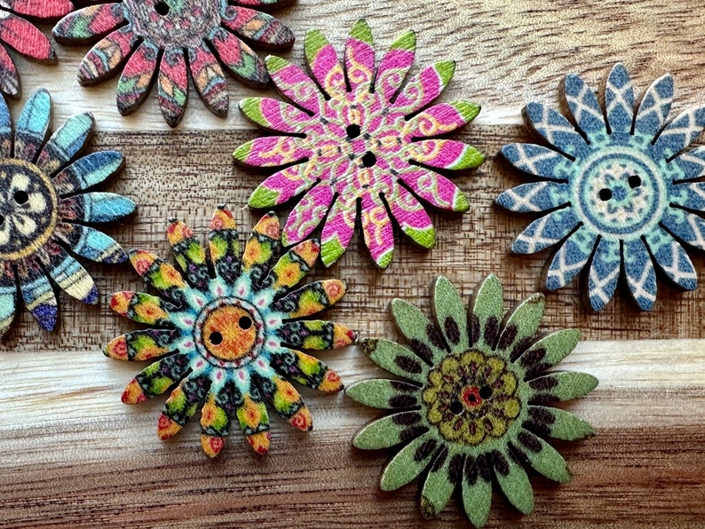 Flower Bloom Shape Wooden Buttons 26mm Random Mix 2 Eye Fastener (6 ...