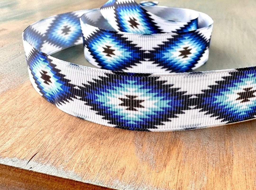 Aztec Blues Grosgrain Ribbon 22mm Blue Tribal Ribbon Boho Ribbon ...