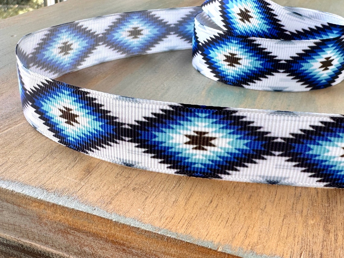 Aztec Blue Grosgrain Ribbon 22mm 38mm Blue Tribal Boho Southwest Design ...