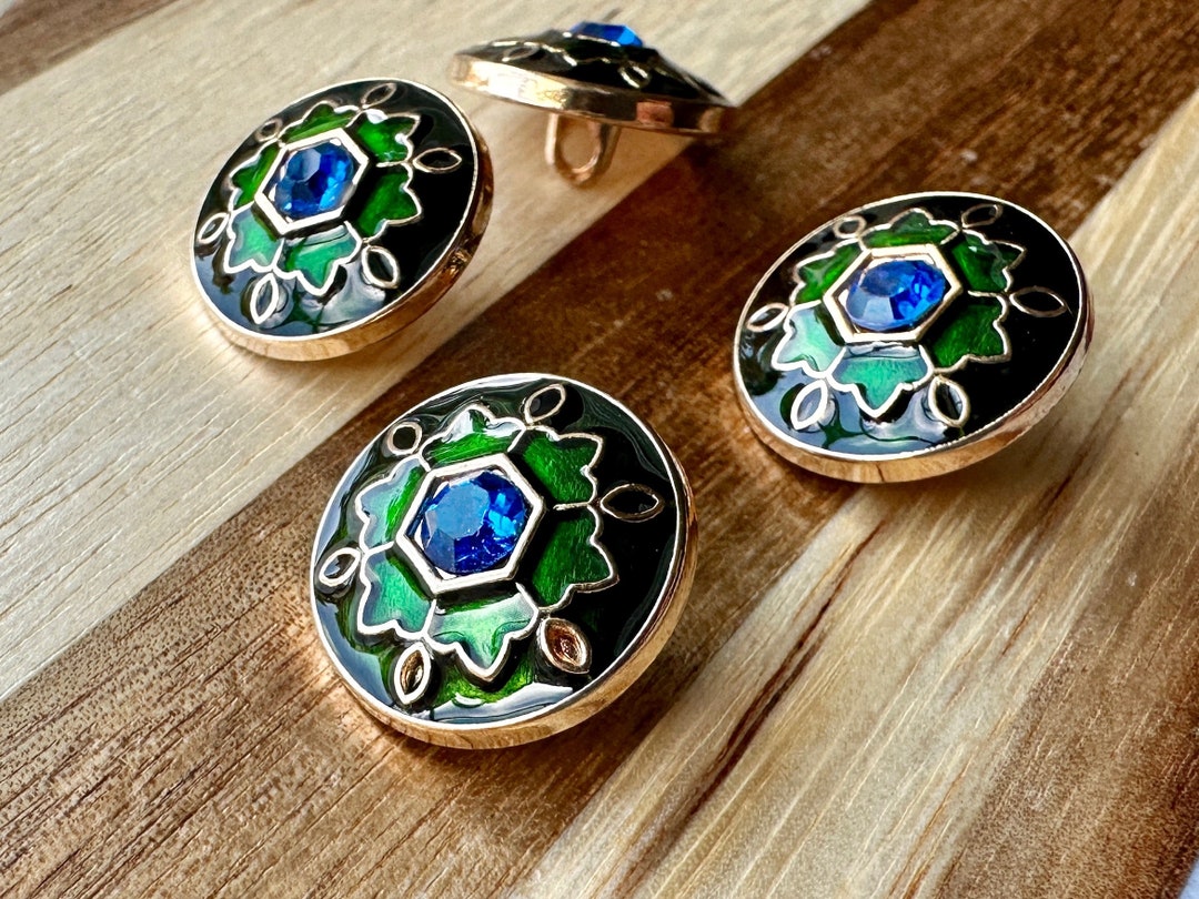 Blue Gemstone Dark Green Enamel Border Metal Shank Button 20mm Fancy ...