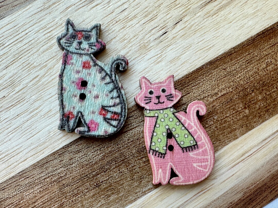 Cat Buttons for Sewing 18x30mm Random Mix Wooden Feline Craft Buttons ...