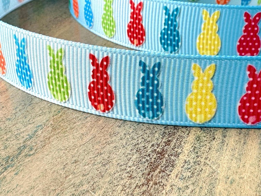 Bunnies Back Grosgrain Ribbon 16mm Easter Blue Ribbon Rabbit Silhouette ...