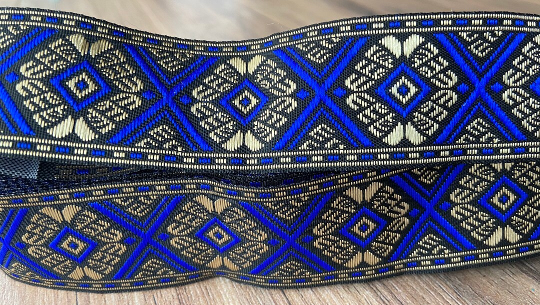 Blue Birds Eye Jacquard Ribbon Gold Foil Medieval Costume Trim Blue and ...