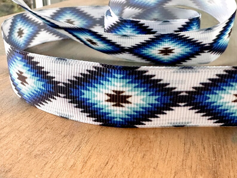 Aztec Blue Grosgrain Ribbon 22mm 38mm Blue Tribal Boho Southwest Design ...