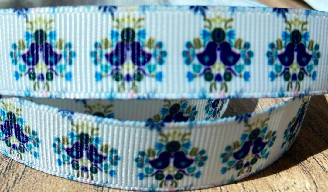 Blue Bird Duo Grosgrain Ribbon 16mm White Floral Blue Ribbon Birds of a ...