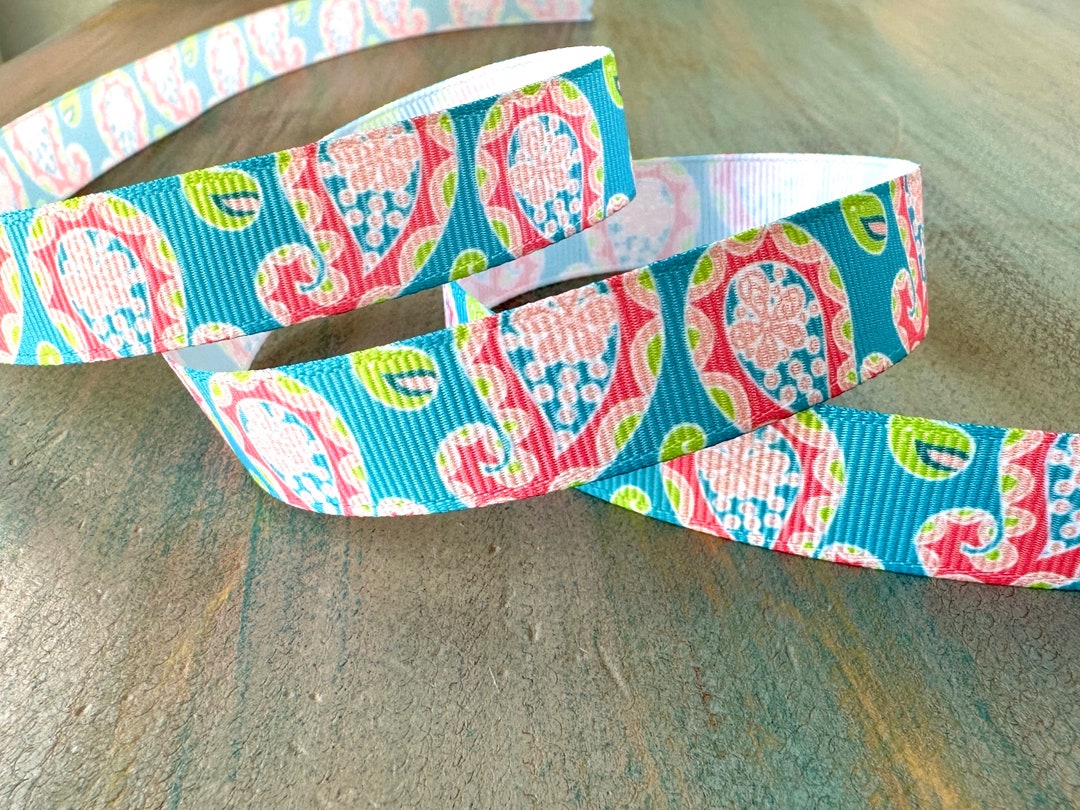 Funk Paisley Grosgrain Ribbon 16mm Aqua Ribbon Lime Green Hippie ...