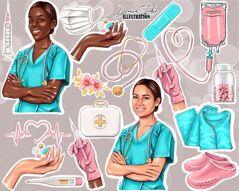 Medical Clipart Set, Cute Nurse and Doctor Stickers Paramedic Clipart ...