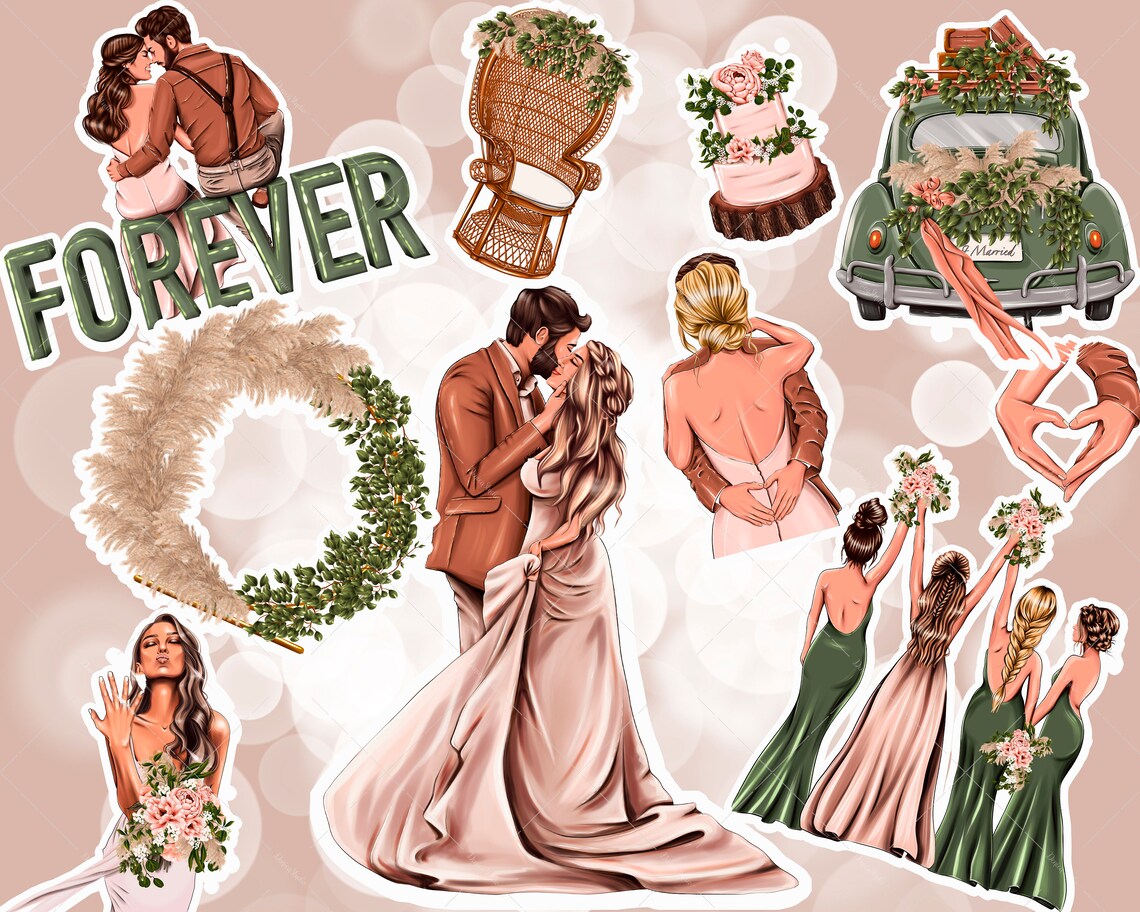 Boho Wedding Clip Art Set Just Married Clipart Bride and | Etsy