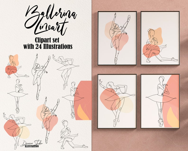 Ballerina Lineart Clipart Set, One Line Clipart Single Line Clipart ...