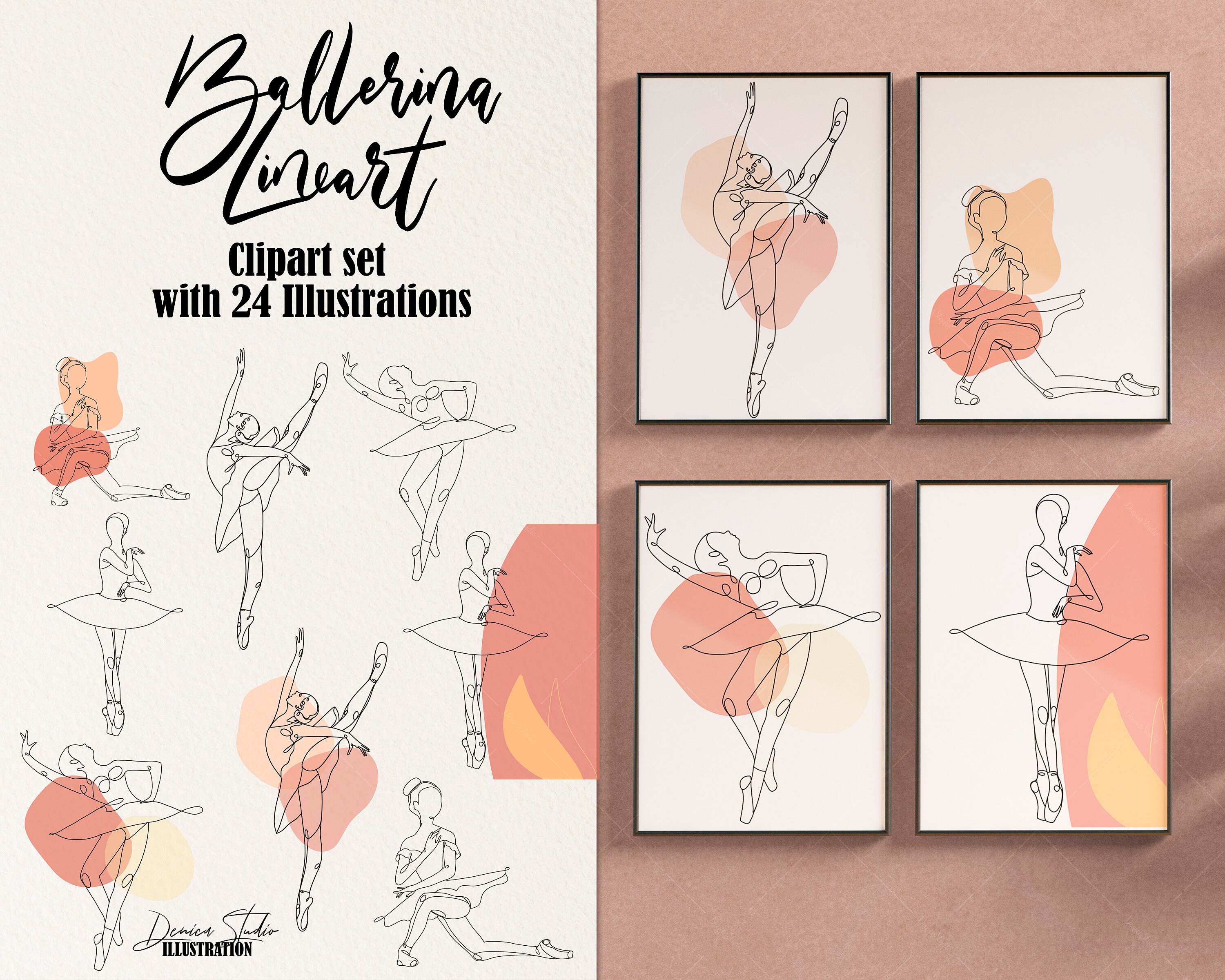 Ballerina Lineart Clipart Set One Line Clipart Single Line - Etsy