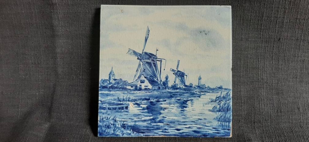Royal Delft Tile, Royal Delft Marks on the Back. Windmills Scene, Hand ...
