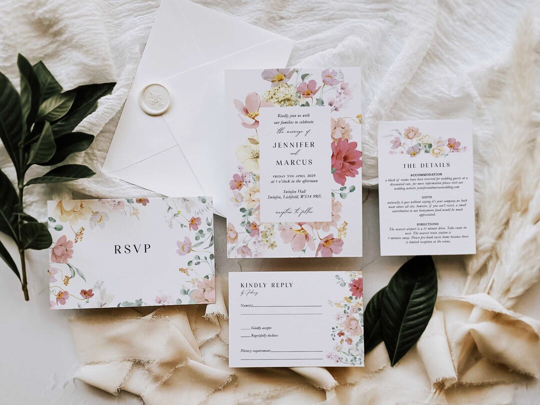 Jennifer Blush Pink Wedding Invitation, Pink Blossom Invitation, Spring ...