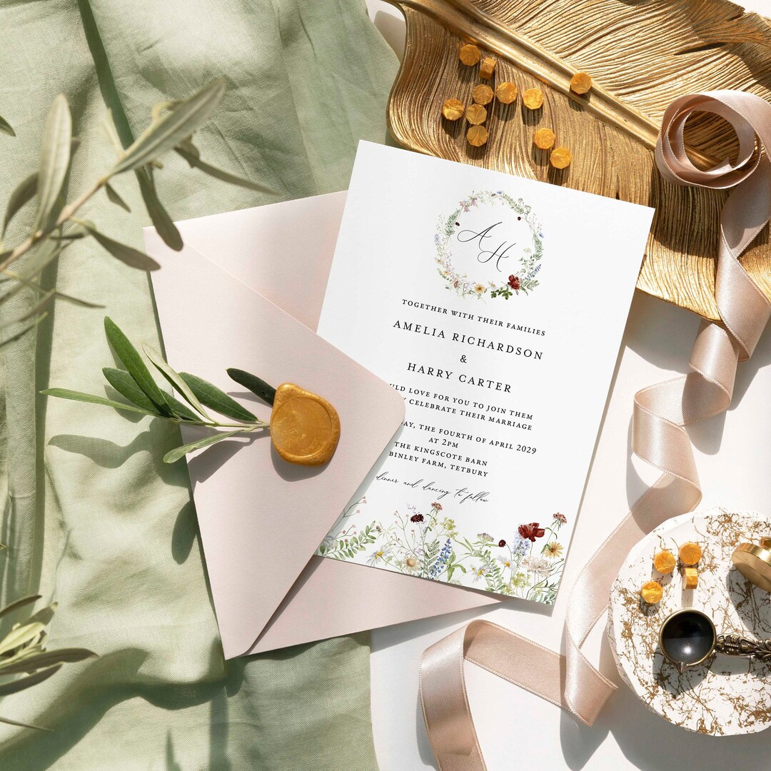 Amelia Spring Wedding Invitation, Wildflower Wedding Invite, Meadow ...