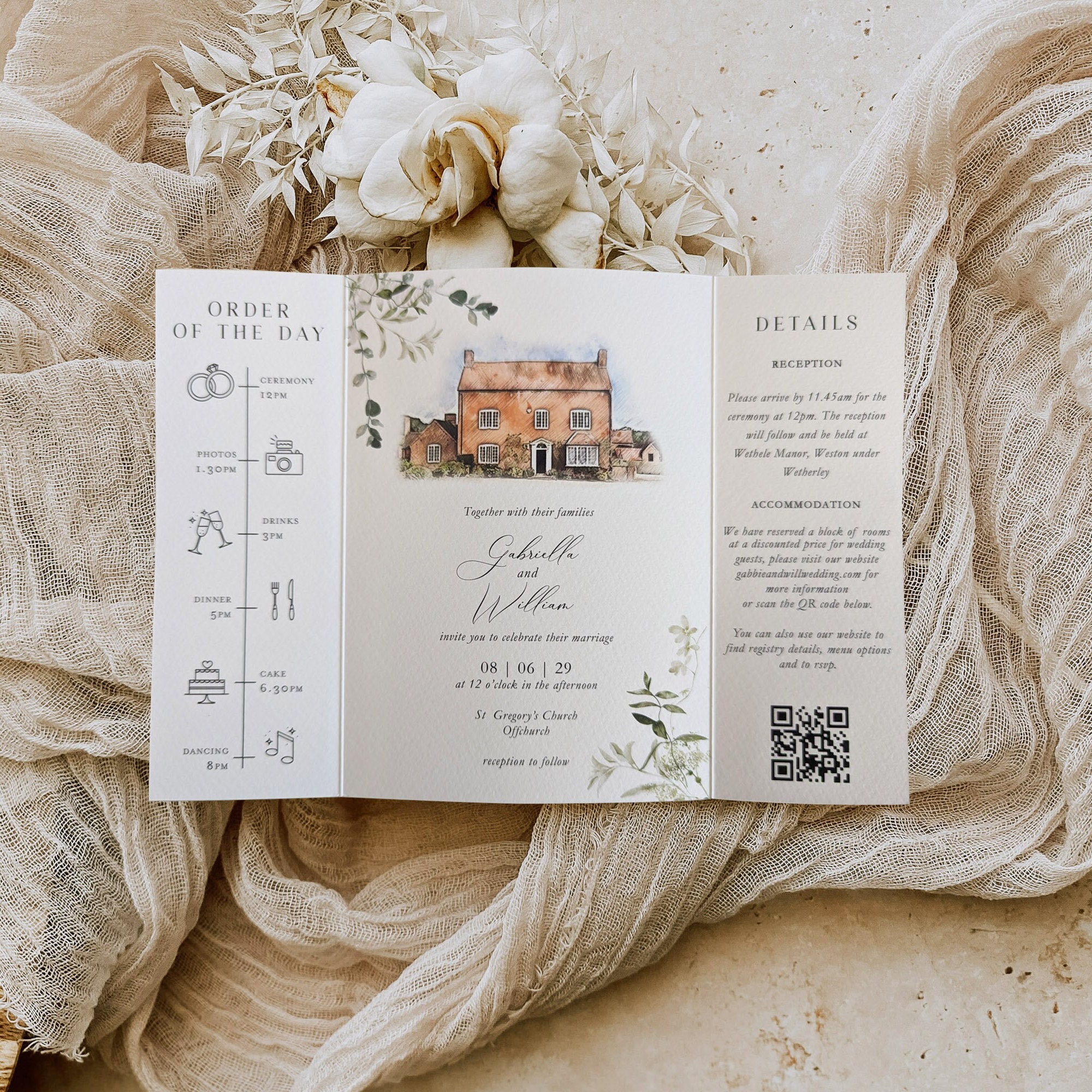 Gabriella Gatefold Wedding Invitation With Minimalist Greenery Foliage ...