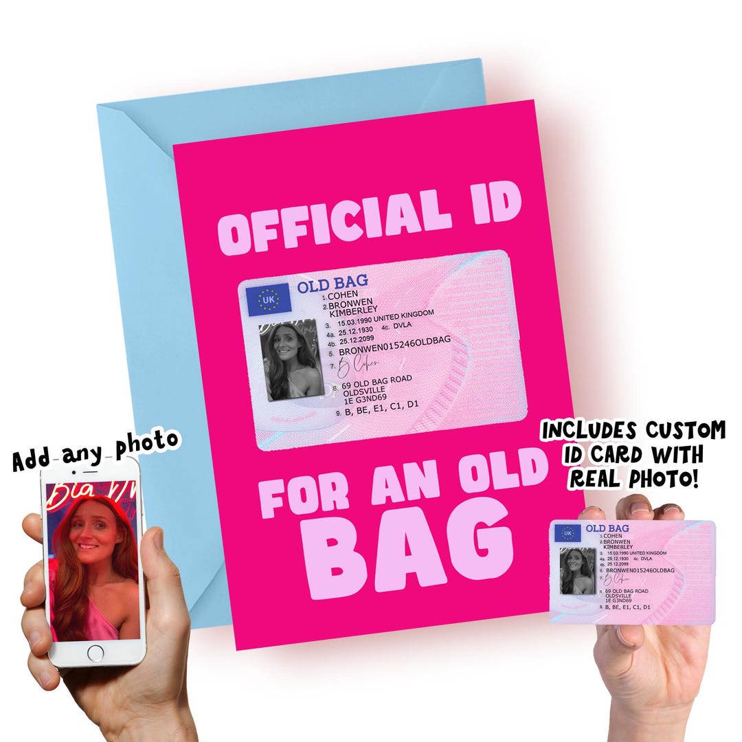Official ID for an Old Bag Birthday Cards - Funny ID Card - Fake ID ...