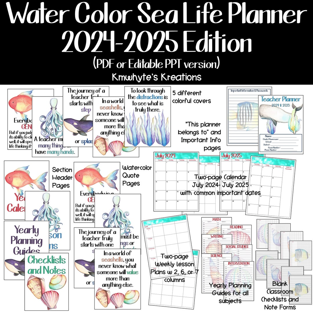 Digital Watercolor Sea Life Planner for 2024-2025 (editable) - Etsy