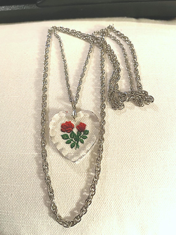 Vintage Reverse Painted Glass Heart Necklace - Gem