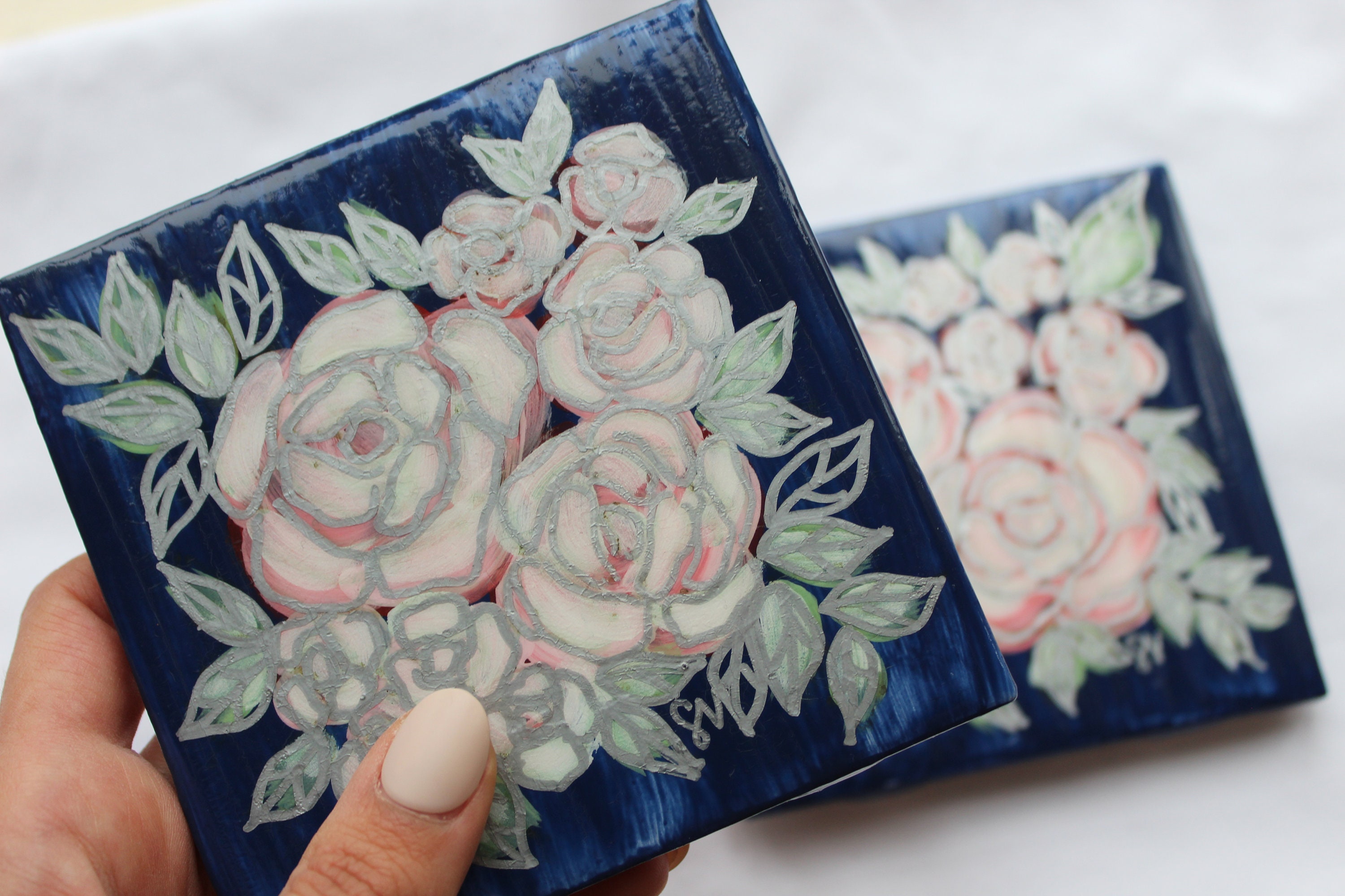 Hand-painted Coasters Ceramic Coasters Hand-painted Tiles Serena - Etsy