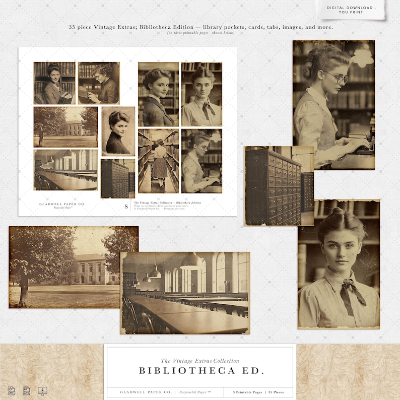 Printable Junk Journal Library Ephemera | Vintage Pockets, Photos ...