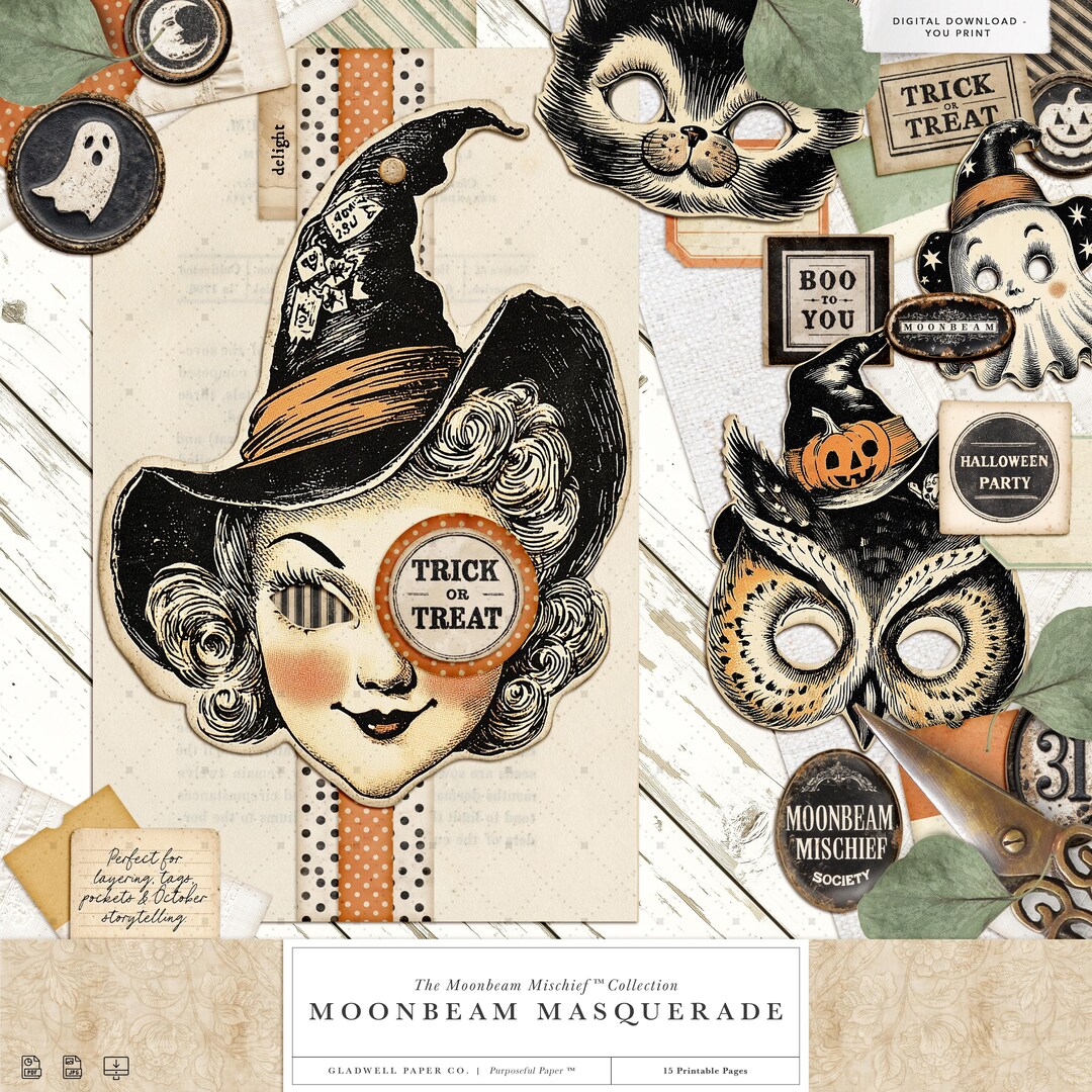 Halloween Junk Journal Masks – Vintage Printable Ephemera & Retro Face ...