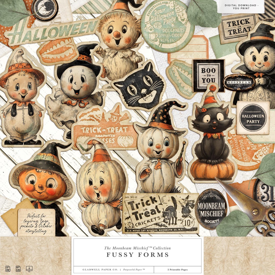 Vintage Halloween Fussy Cuts Printable | 21 Die-cut Ephemera Characters ...