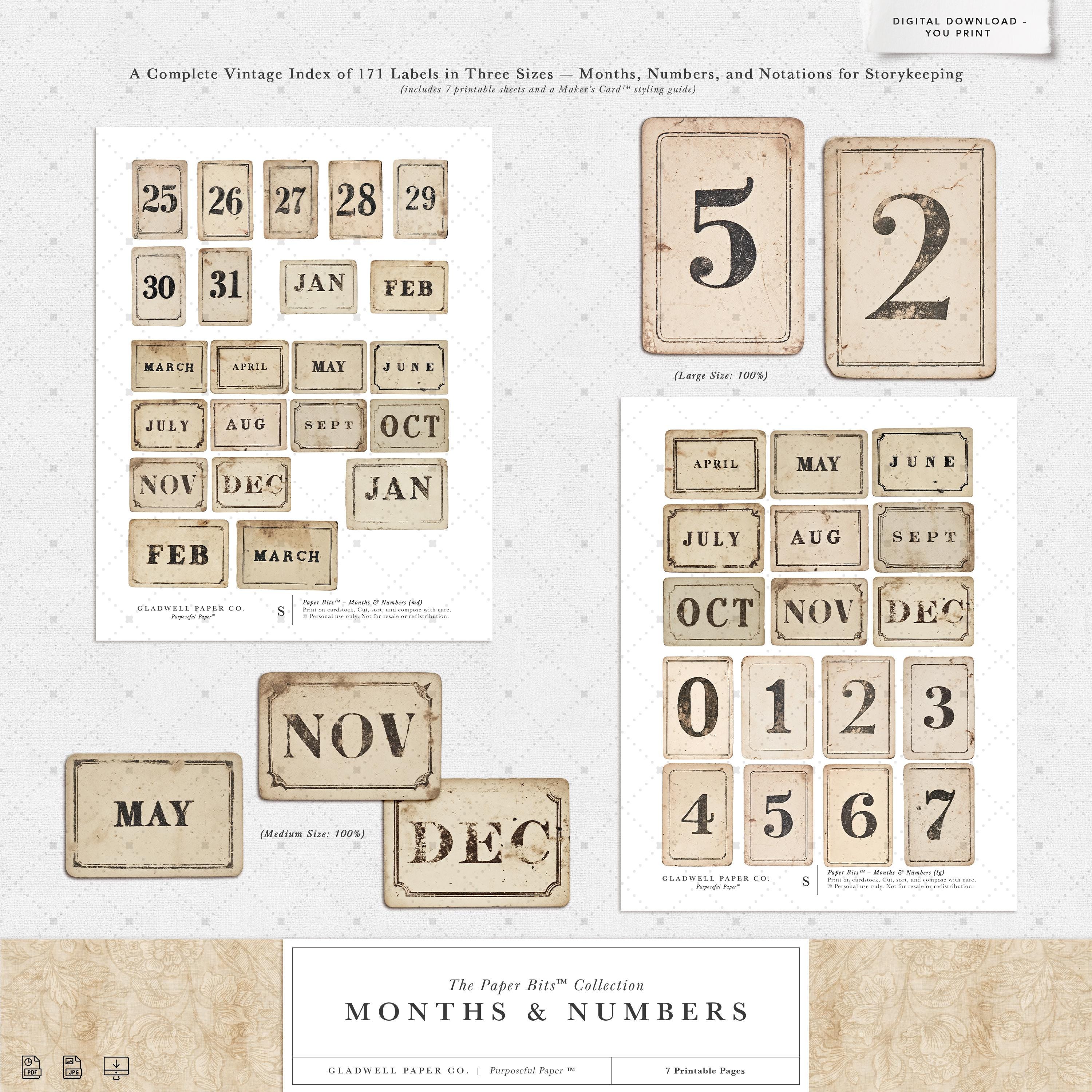 Vintage Months and Numbers Labels Printable | 171 Journal Ephemera ...