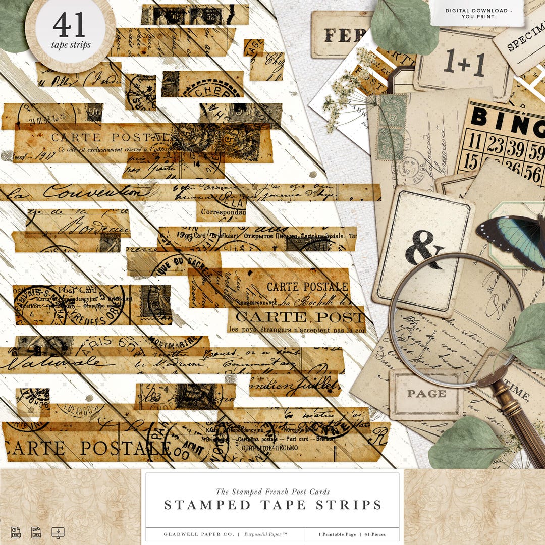Printable Vintage Tape Strips | French Postcard Stamped Faux Adhesive ...
