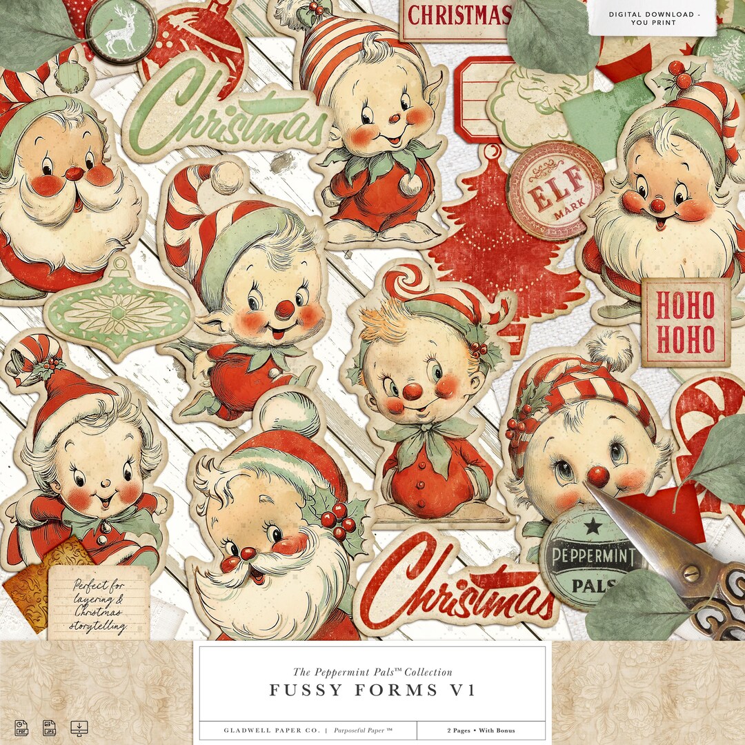 Vintage Christmas Santa & Elf Fussy Cuts Printable for Holiday Junk ...