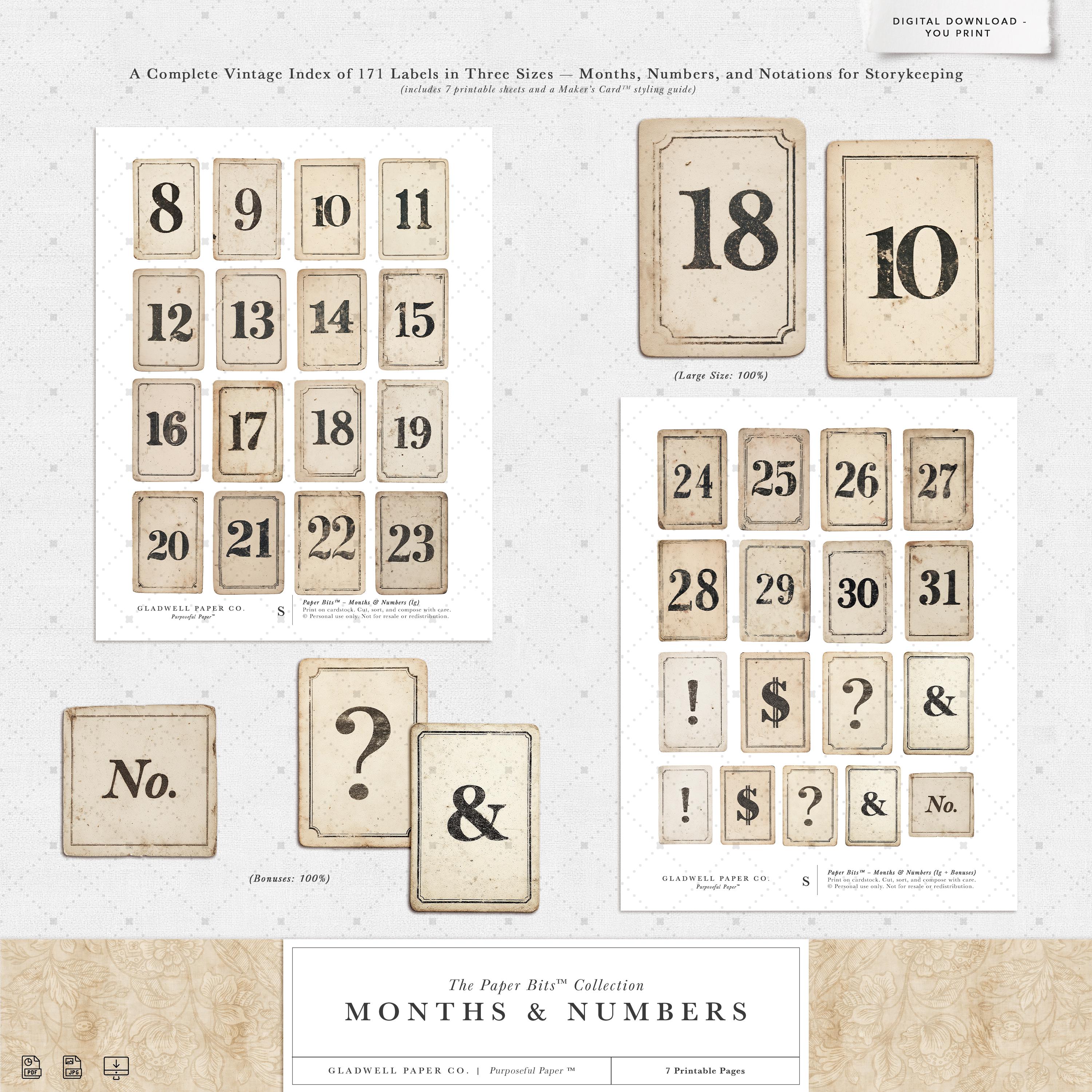 Vintage Months and Numbers Labels Printable | 171 Journal Ephemera ...