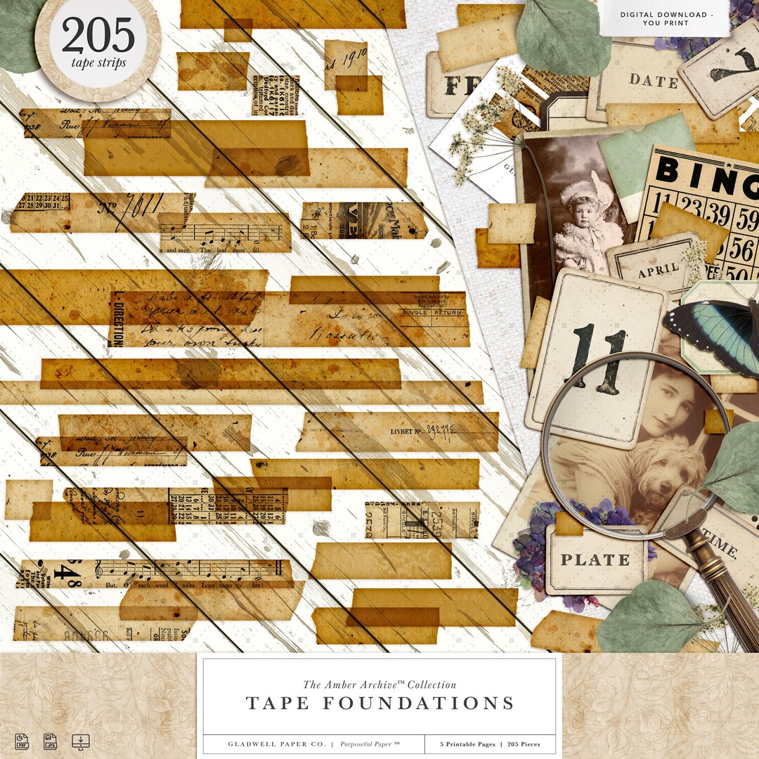 Printable Vintage Tape Strips | 205 Faux Aged Paper Tapes for Journals ...