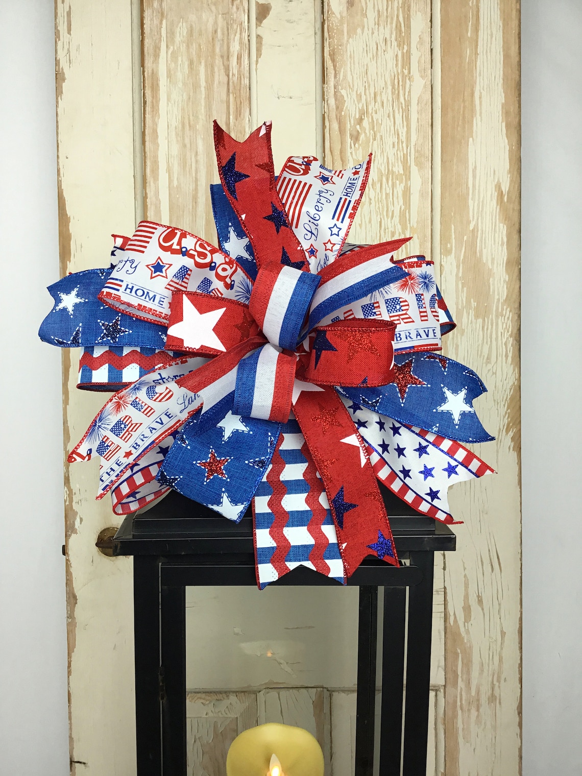 Patriotic Bow~lantern Bow~mailbox Bow~red White and Blue Wreath Bow ...