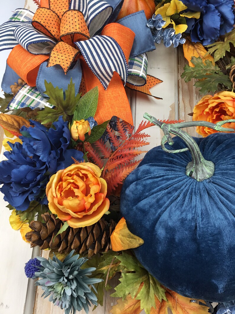 Blue Fall Wreath~blue Fall Wreath for Front Door~blue and Orange Fall ...