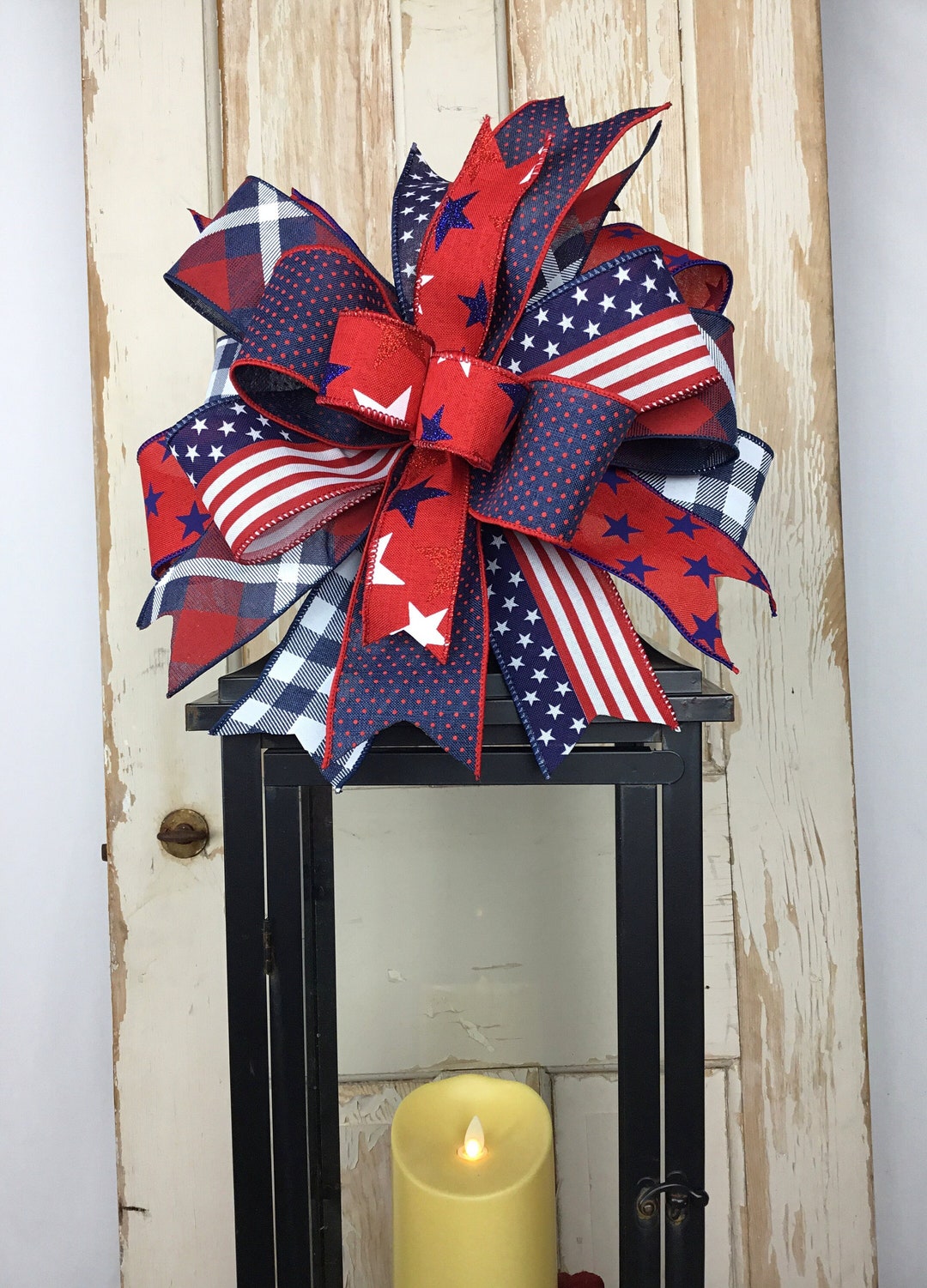 Patriotic Bow~lantern Bow~mailbox Bow~red White and Blue Wreath Bow ...