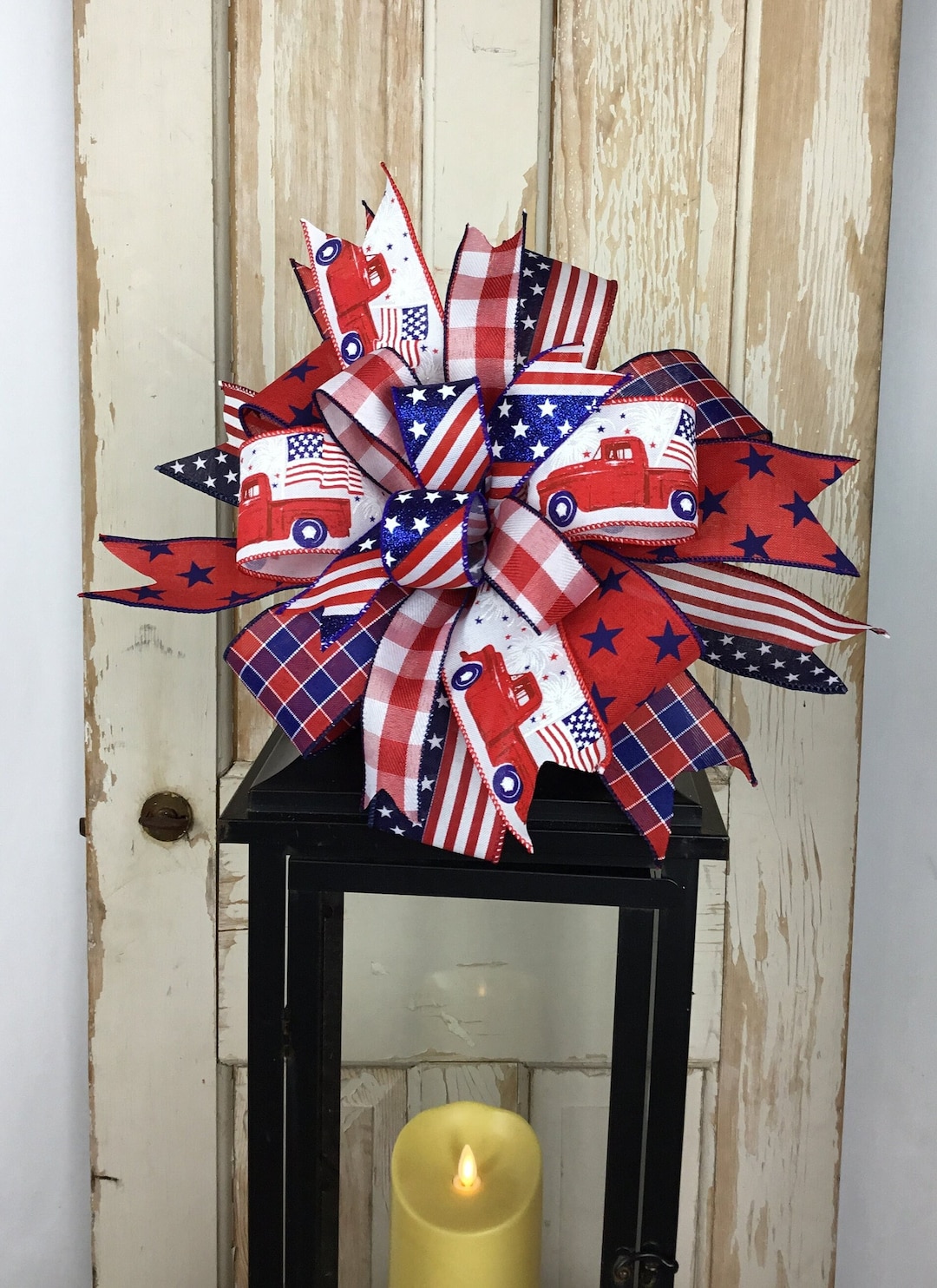 Patriotic Bow~lantern Bow~mailbox Bow~red White and Blue Wreath Bow ...