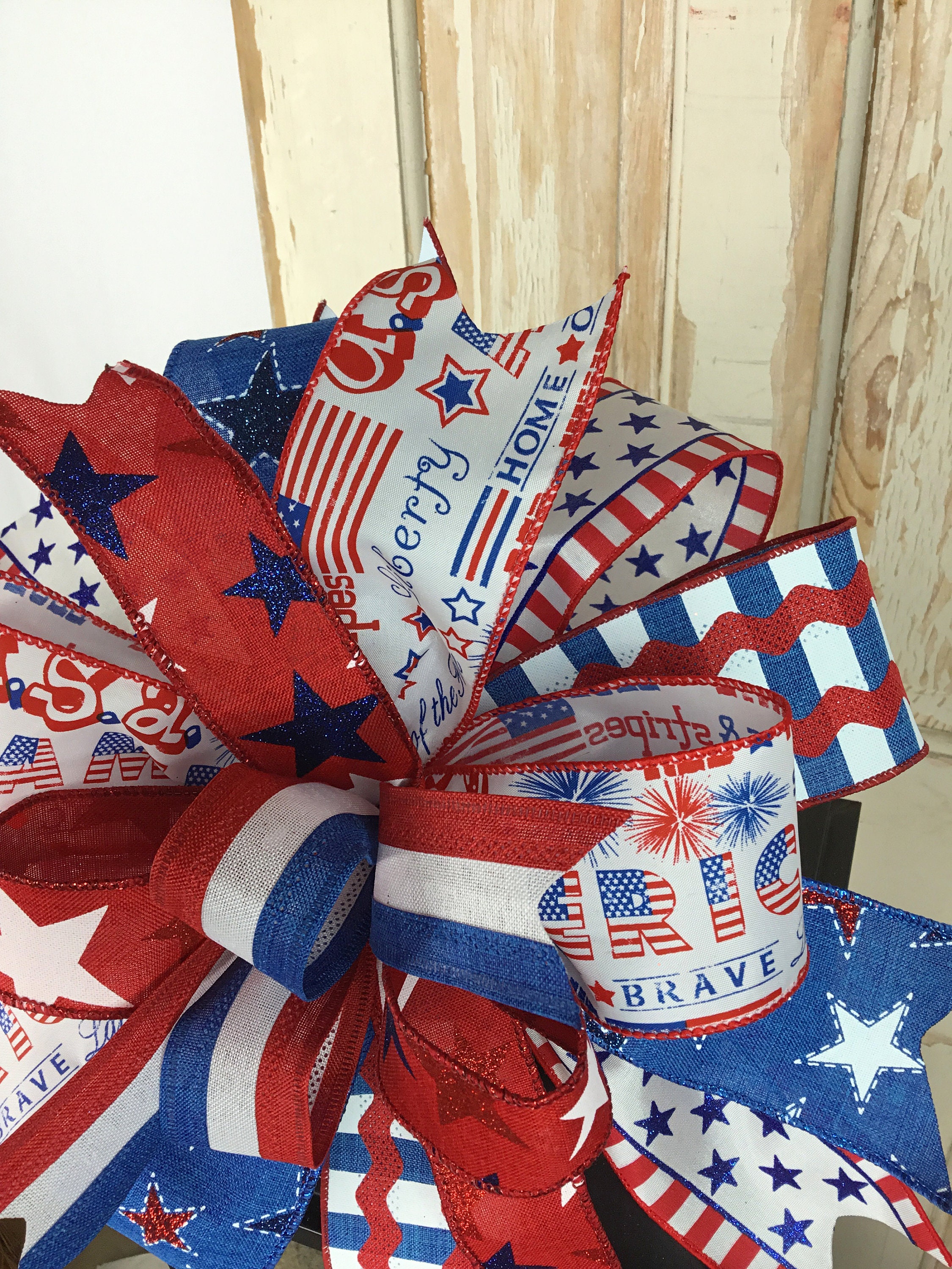 Patriotic Bow~lantern Bow~mailbox Bow~red White and Blue Wreath Bow ...