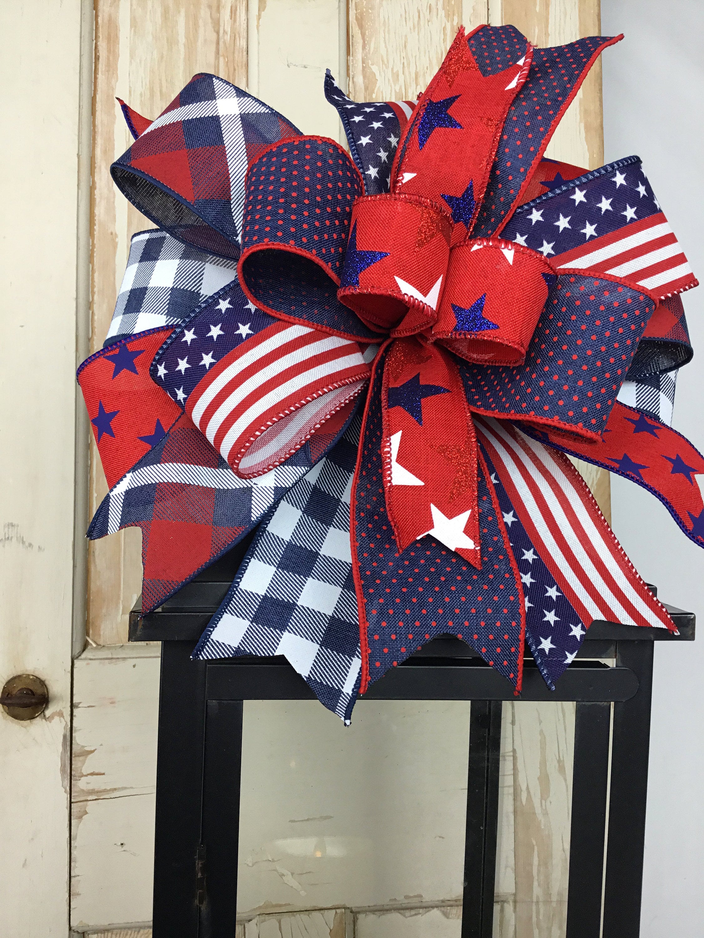 Patriotic Bow~lantern Bow~mailbox Bow~red White and Blue Wreath Bow ...