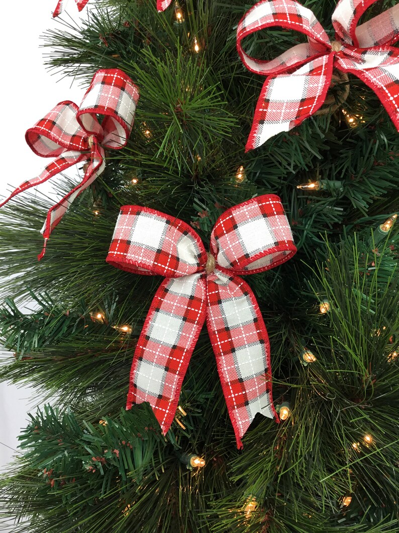 Christmas Tree Bow~country Plaid Bows~set of 6 Bows~red Cream Plaid ...