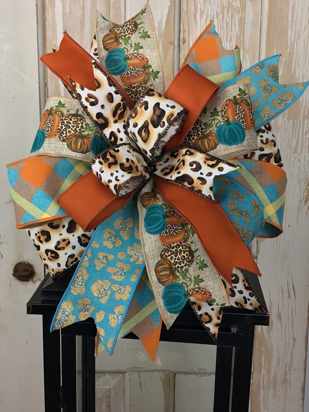 Blue Fall Bow~cheetah Fall Bow~leopard Pumpkins Bow~autumn Wreath Bow ...