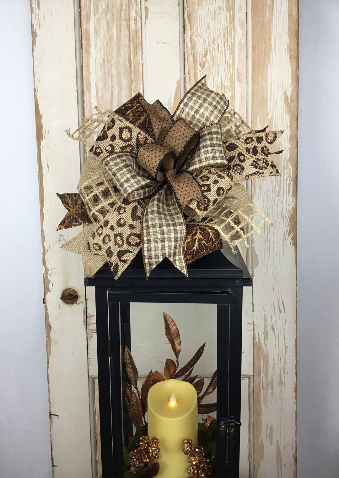 Burlap Wreath Bowleopard Fall Bowfall Lantern Bowfarmhouse Etsy