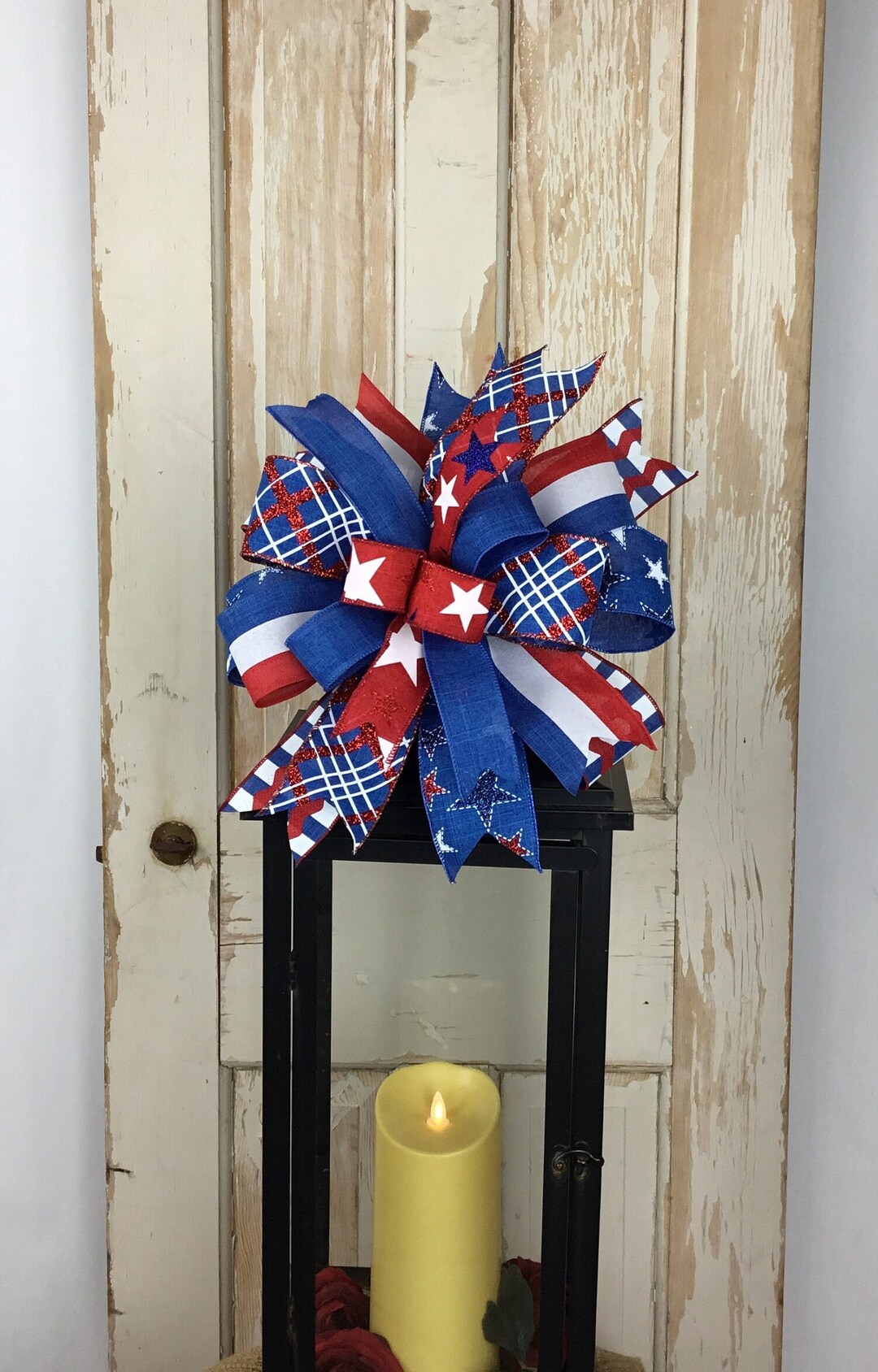 Patriotic Bow~lantern Bow~mailbox Bow~red White and Blue Wreath Bow ...
