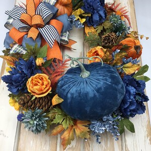 Blue Fall Wreath~blue Fall Wreath for Front Door~blue and Orange Fall ...