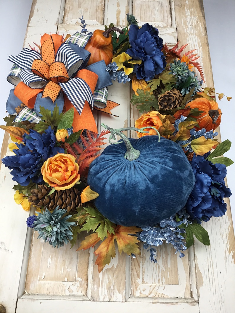 Blue Fall Wreath~blue Fall Wreath for Front Door~blue and Orange Fall ...