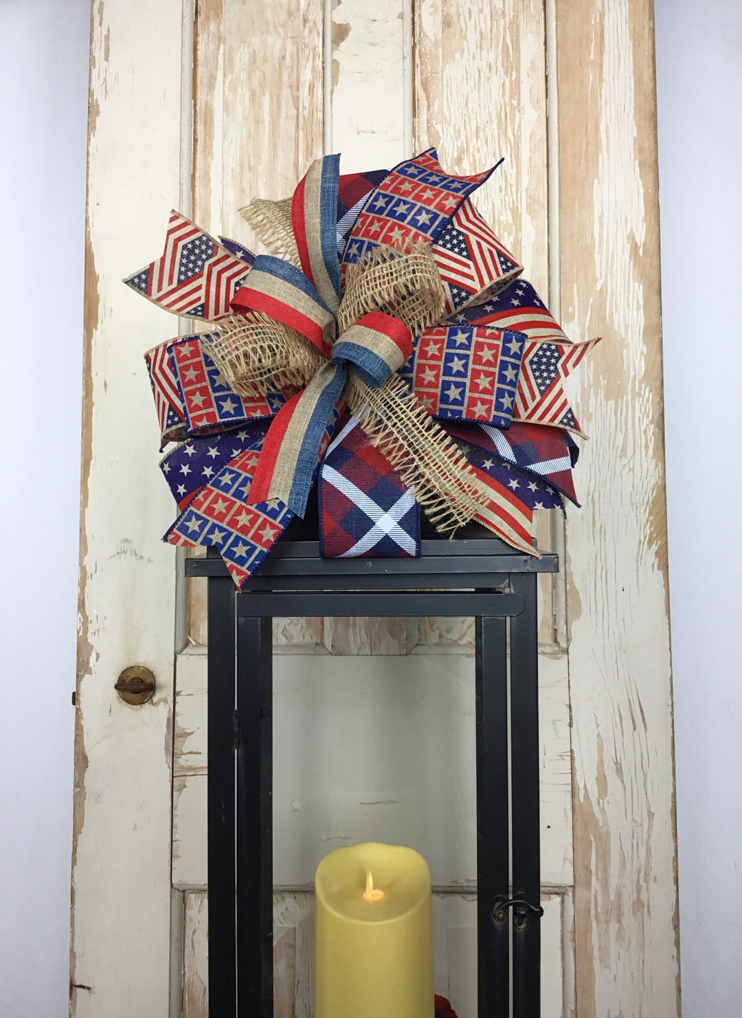 Patriotic Bow~lantern Bow~usa Bow~mailbox Bow~red White and Blue Wreath ...