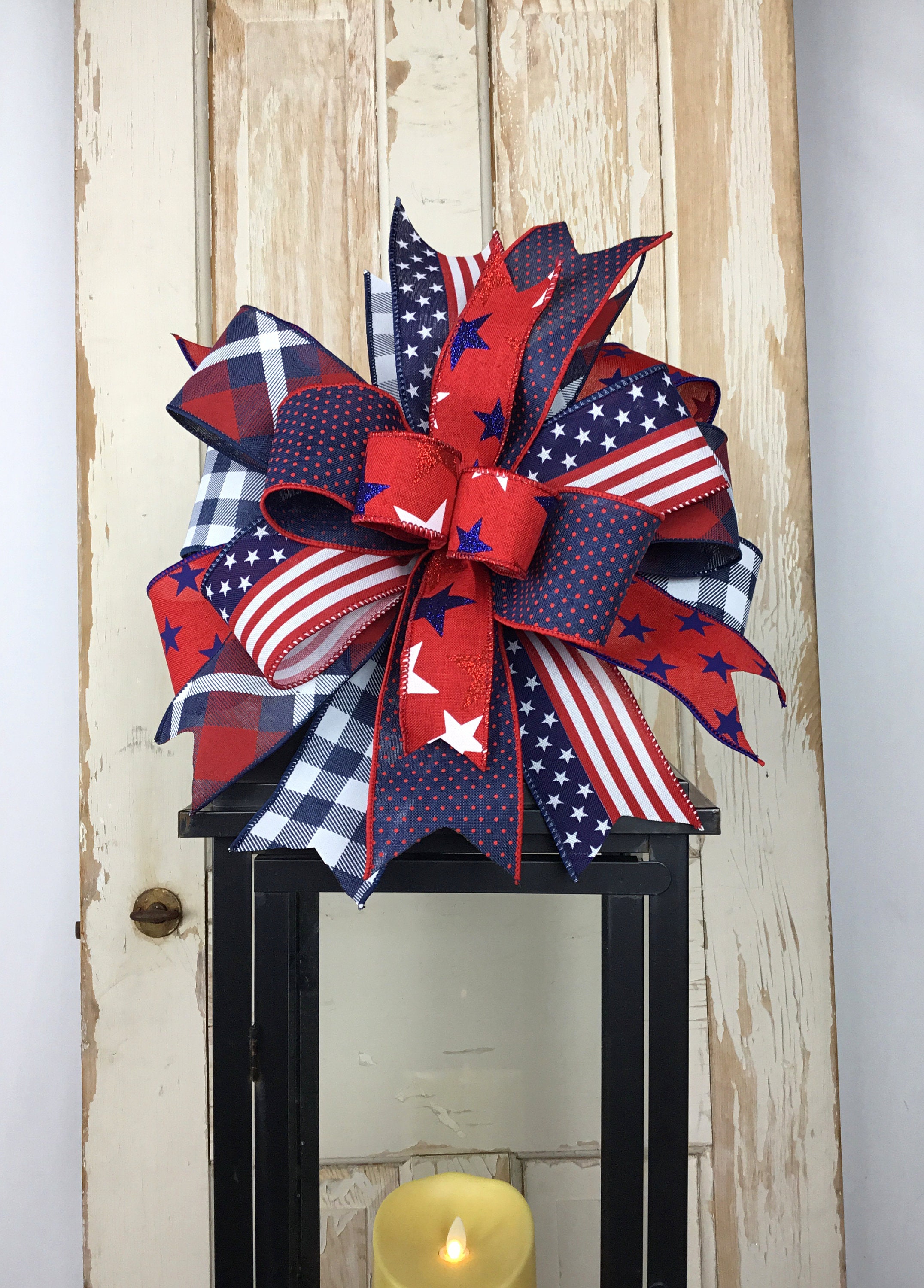 Patriotic Bow~lantern Bow~mailbox Bow~red White and Blue Wreath Bow ...