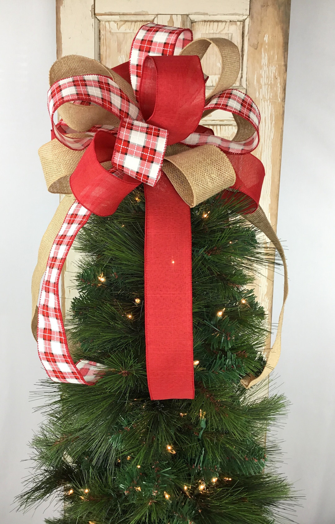 Red Tree Topper Bow~plaid Topper~farmhouse Tree Topper~christmas Tree ...