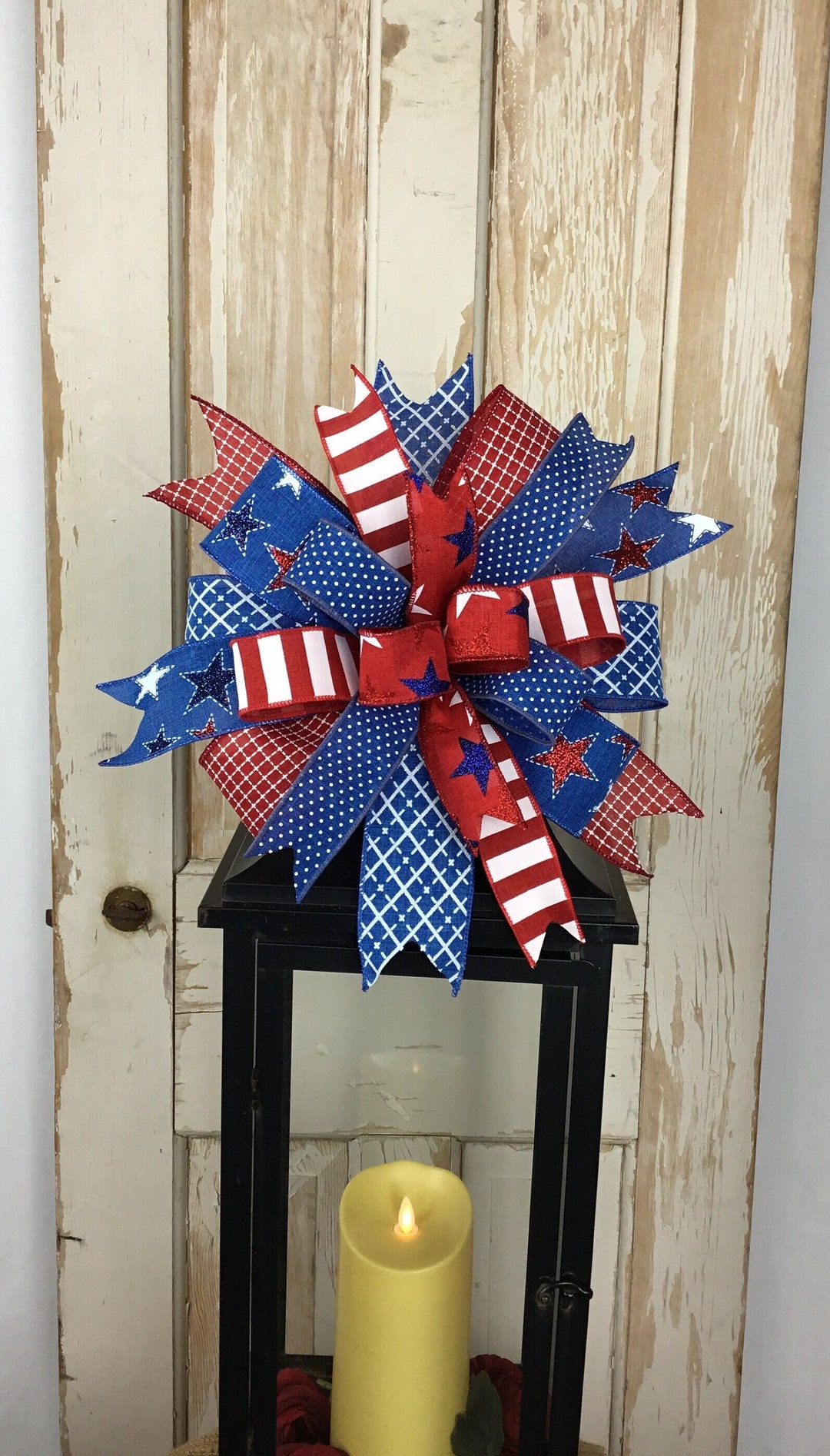 Patriotic Bow~lantern Bow~mailbox Bow~red White and Blue Wreath Bow ...