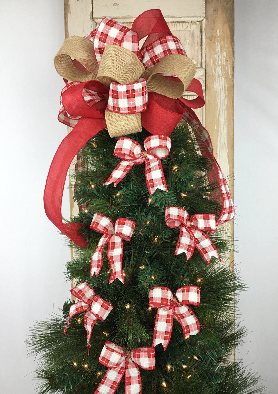Christmas Tree Bow~country Plaid Bows~set of 6 Bows~red Cream Plaid ...