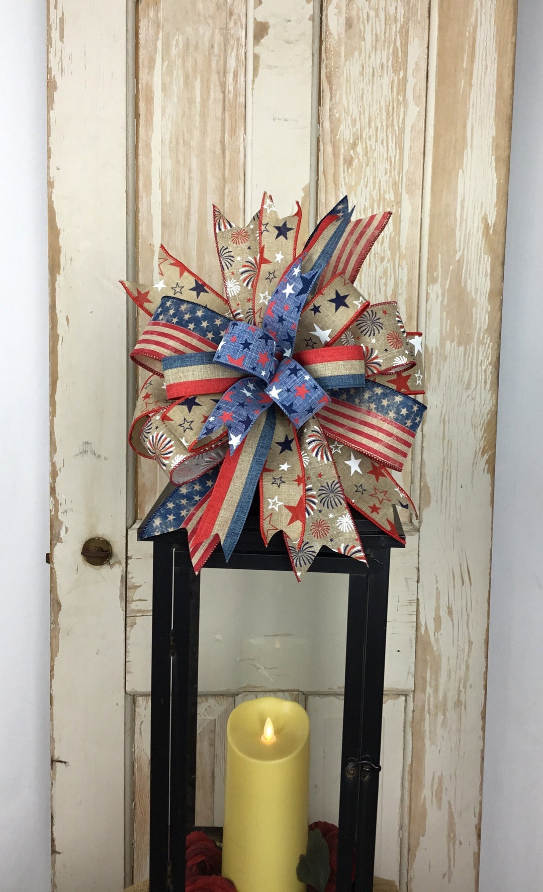 Patriotic Bow~lantern Bow~usa Bow~mailbox Bow~red White and Blue Wreath ...