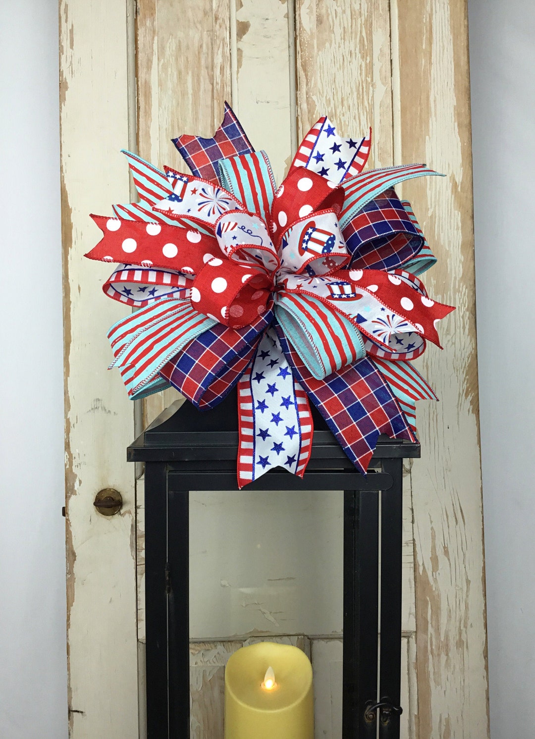 Patriotic Bow~lantern Bow~mailbox Bow~red White and Blue Wreath Bow ...