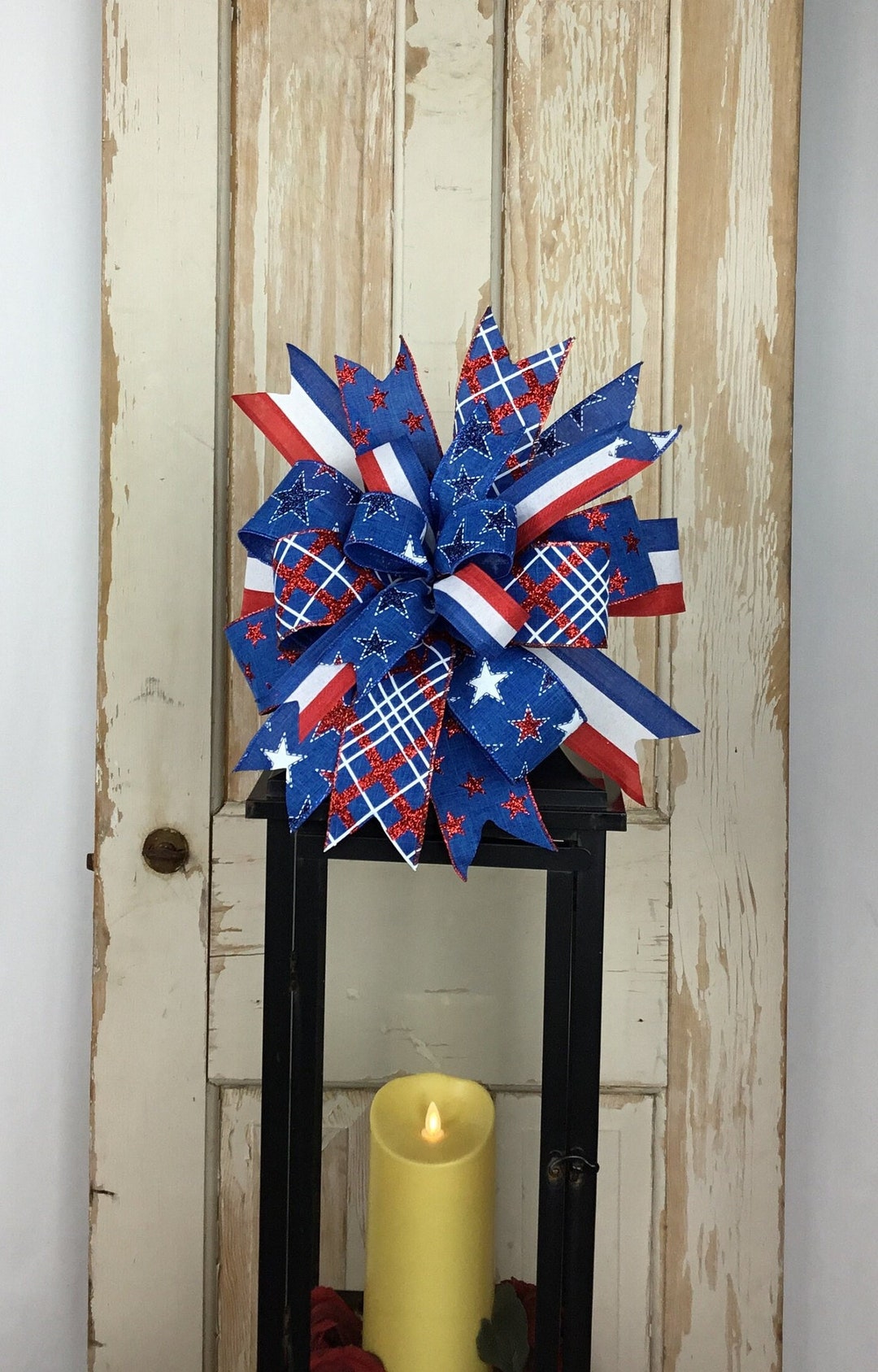 Patriotic Bow~lantern Bow~mailbox Bow~red White and Blue Wreath Bow ...